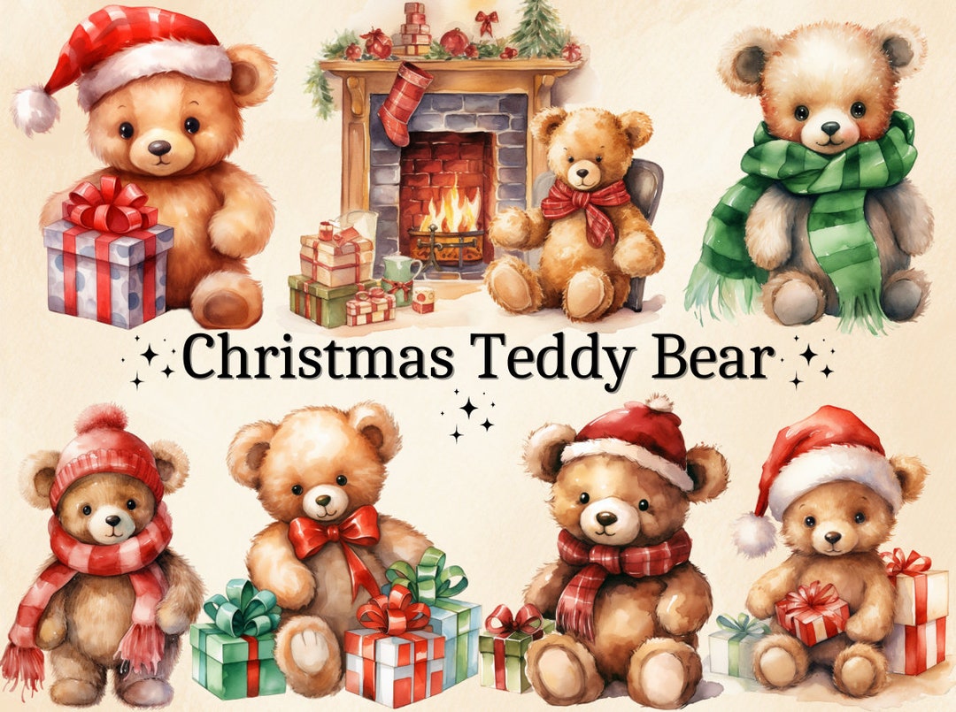 Watercolor Christmas Teddy Bear Clipart: Holiday PNG Bundle (digital ...