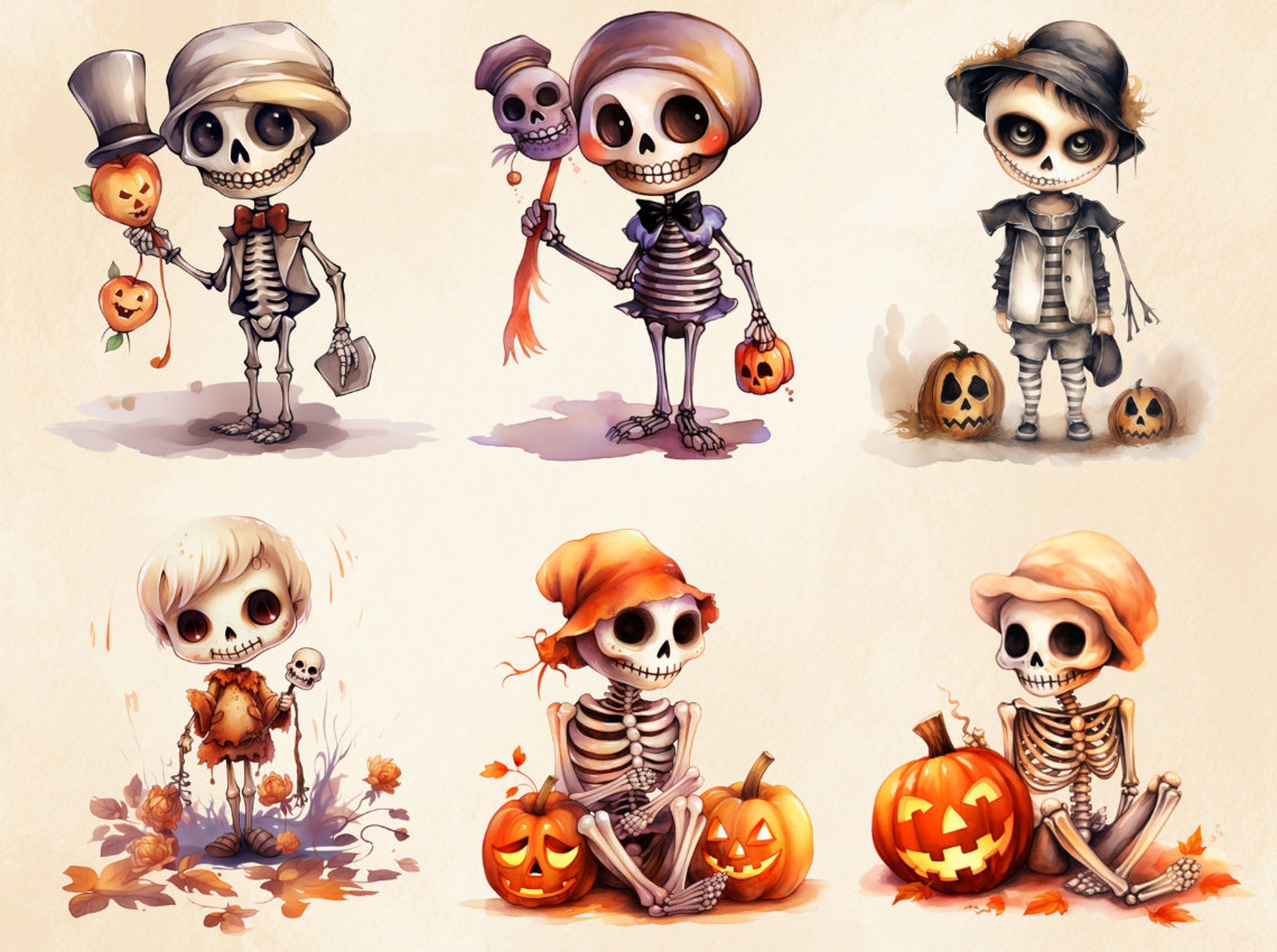 16 PNG Watercolor Cute Skeleton Clipart Cute Halloween - Etsy