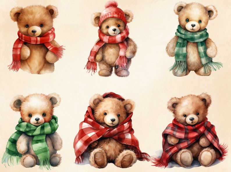 Watercolor Christmas Teddy Bear Clipart: Holiday PNG Bundle (digital ...