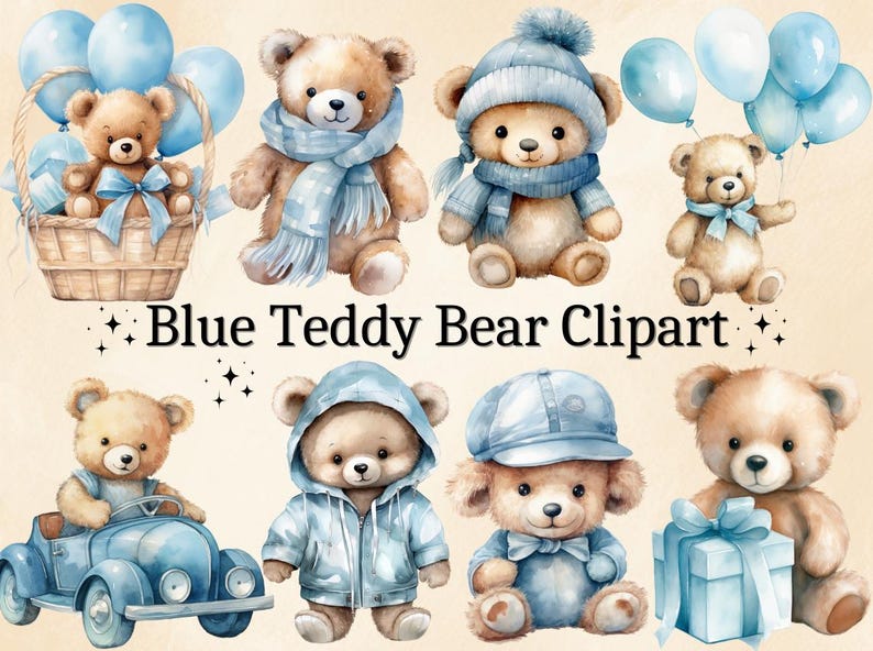 Watercolor Blue Teddy Bear Clipart: Baby Shower Bundle (PNG Digital ...