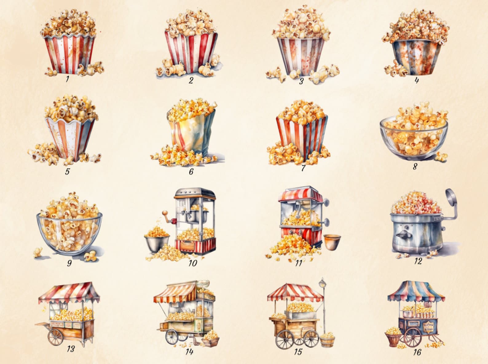16 PNG Watercolor Popcorn Clipart, Popcorn Bowl Clip Art, Popcorn Stand ...