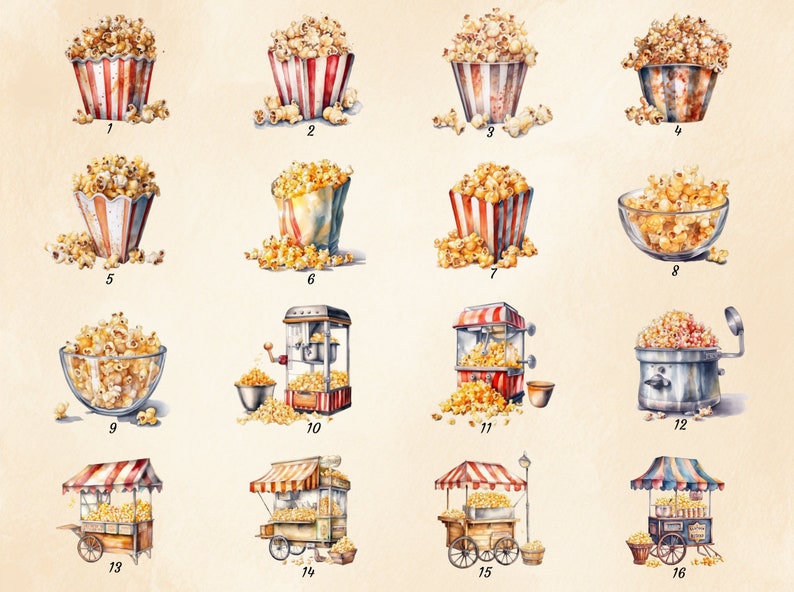 16 PNG Watercolor Popcorn Clipart, Popcorn Bowl Clip Art, Popcorn Stand ...