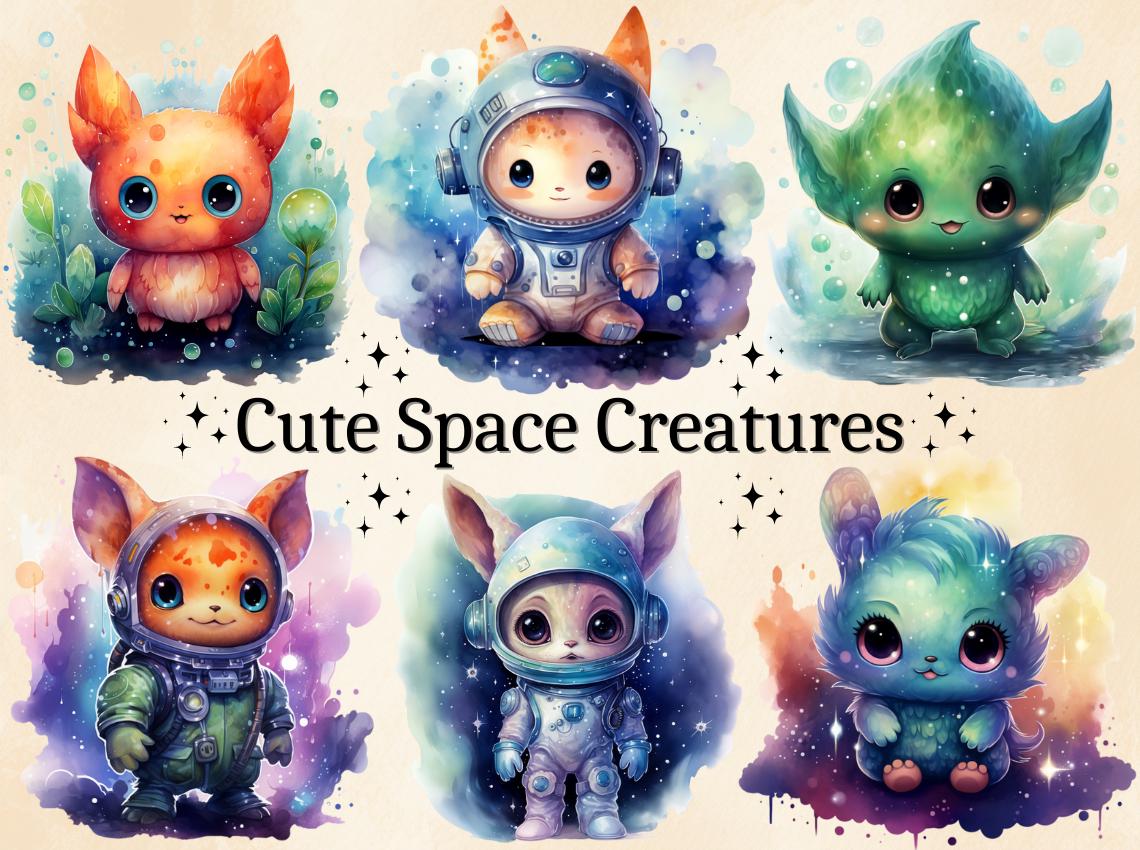 Watercolor Space Creatures Clipart, Alien Art PNG Bundle (commercial ...