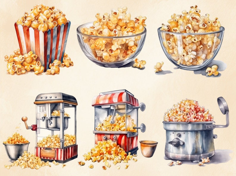 16 PNG Watercolor Popcorn Clipart, Popcorn Bowl Clip Art, Popcorn Stand ...