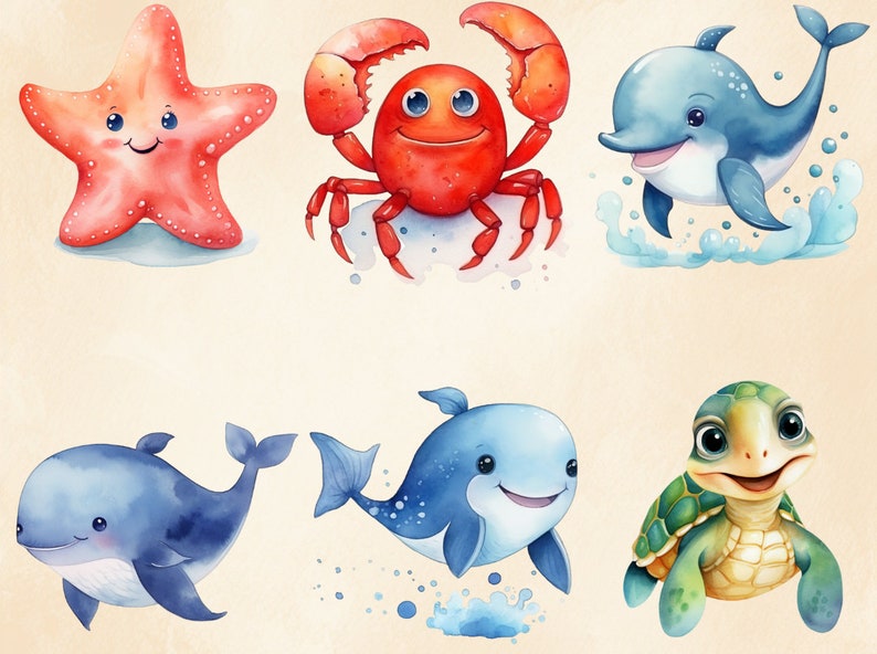 18 PNG Watercolor Cute Sea Creatures Clipart, Ocean Animals, Underwater ...