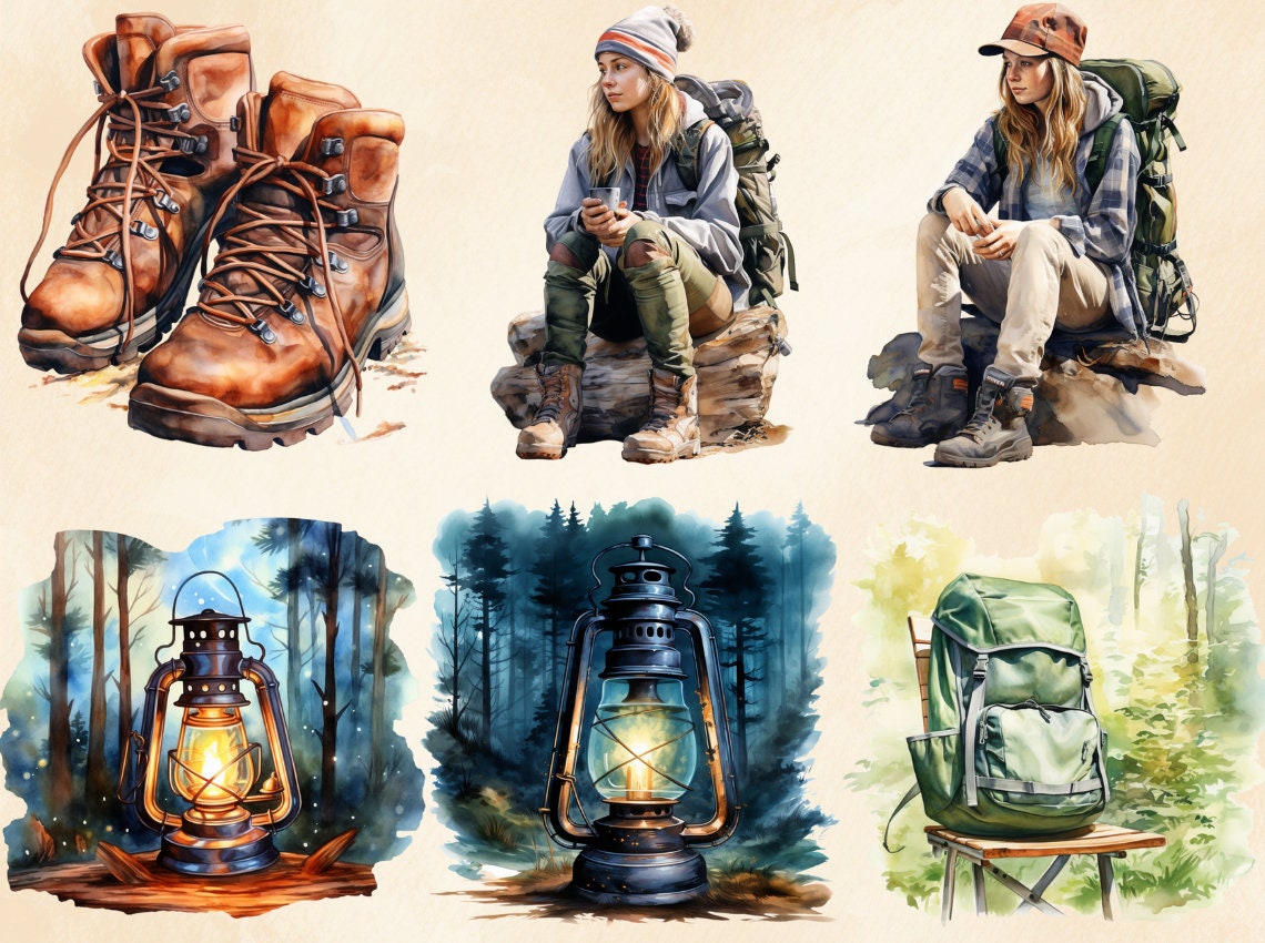 Watercolor Camping Clipart: Tent, Campfire, Canoe (PNG Digital Bundle ...