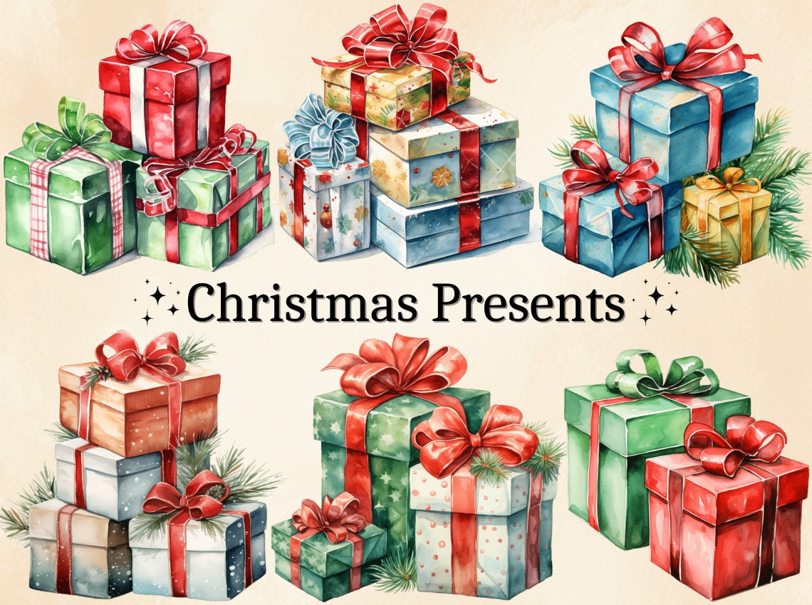 32 PNG Watercolor Christmas Presents Clipart, Cute Gift Boxes ...