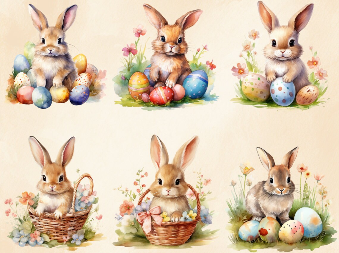 20 PNG Watercolor Easter Bunny Clipart, Spring Bunnies, Easter Baskets ...