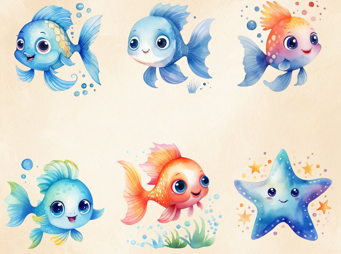 Watercolor Sea Creatures Clipart, Ocean Animals PNG Bundle (digital ...