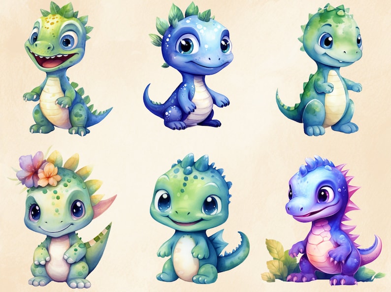 Watercolor Baby Dinosaur Clipart: Nursery Decor PNG Bundle (commercial ...