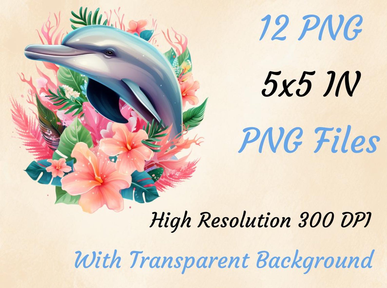 12 PNG Watercolor Floral Dolphin Clipart, Summer Dolphins, Tropical PNG ...