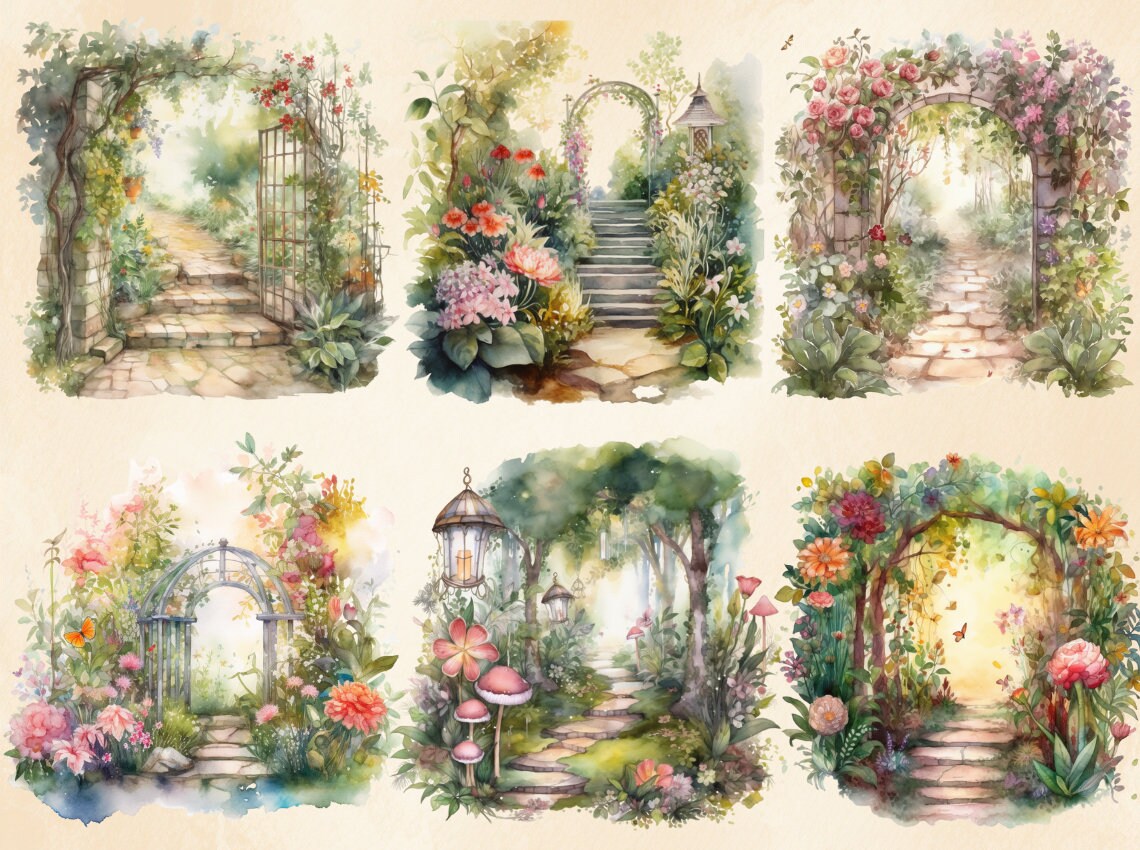 Watercolor Secret Garden Clipart: Floral Gates PNG Bundle (digital ...