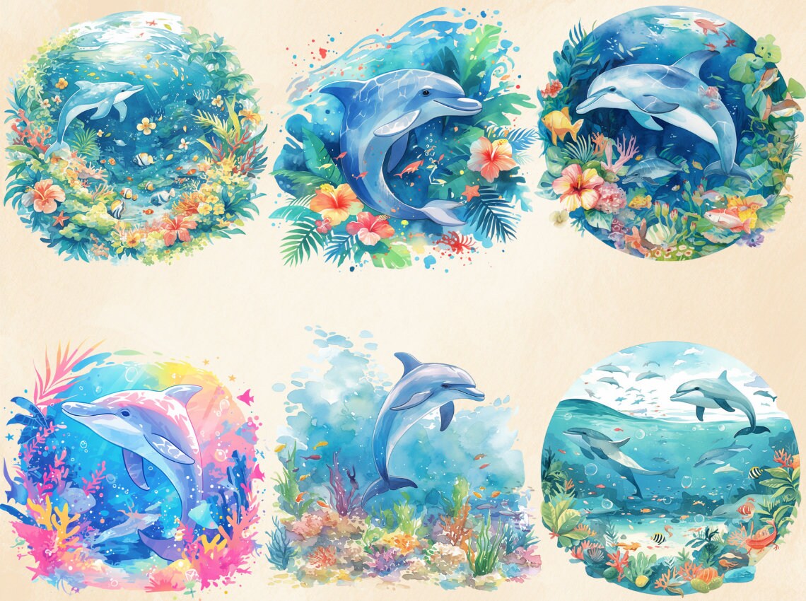 12 PNG Watercolor Tropical Dolphin Clipart, Summer Dolphins Clipart ...