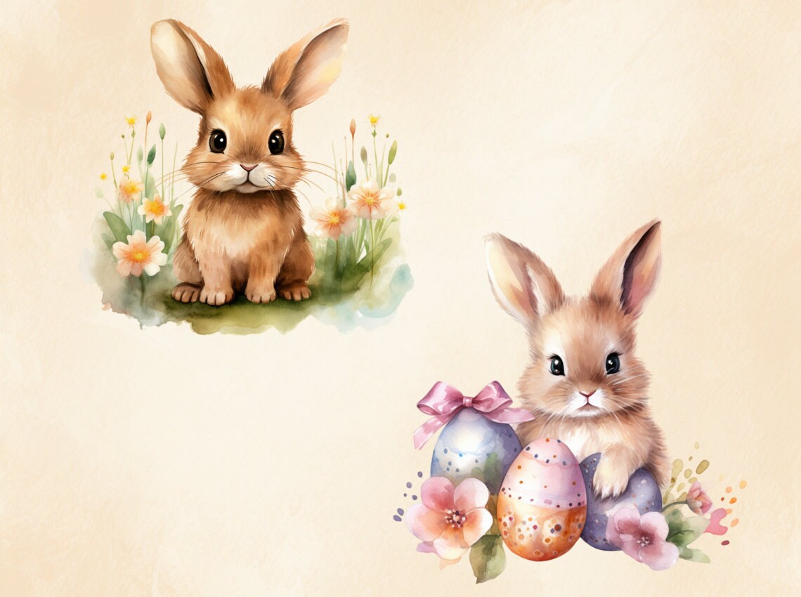 20 PNG Watercolor Easter Bunny Clipart, Spring Bunnies, Easter Baskets ...