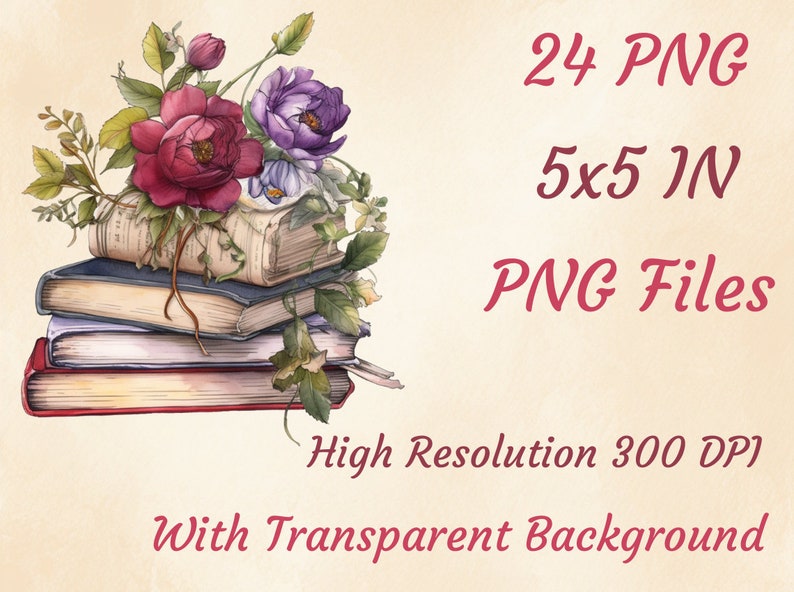 24 PNG Watercolor Floral Books Clipart, Book Bundle Clip Art, Vintage ...