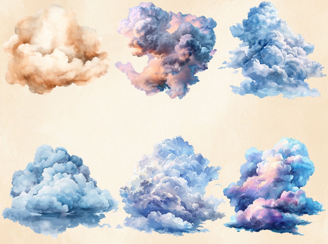 Watercolor Clouds Clipart: Blue Sky Graphics, Transparent PNG (digital ...