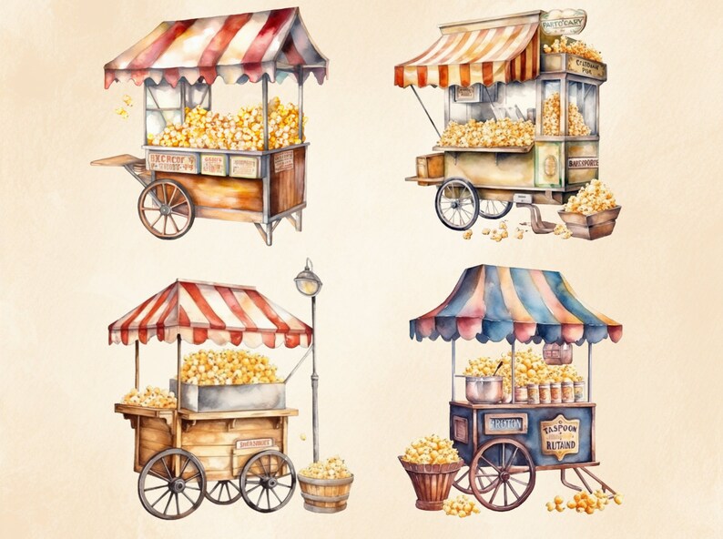 Watercolor Popcorn Clipart: Movie Theater Snacks, Popcorn Stand ...