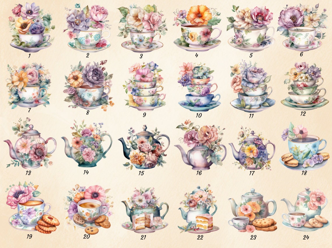 24 PNG Watercolor Floral Tea Clipart, Tea Party Clip Art, Pastel Tea ...