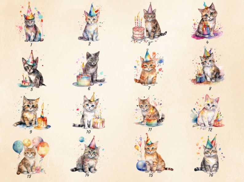 16 PNG Watercolor Birthday Cat Clipart, Funny Birthday Party Cat PNG ...
