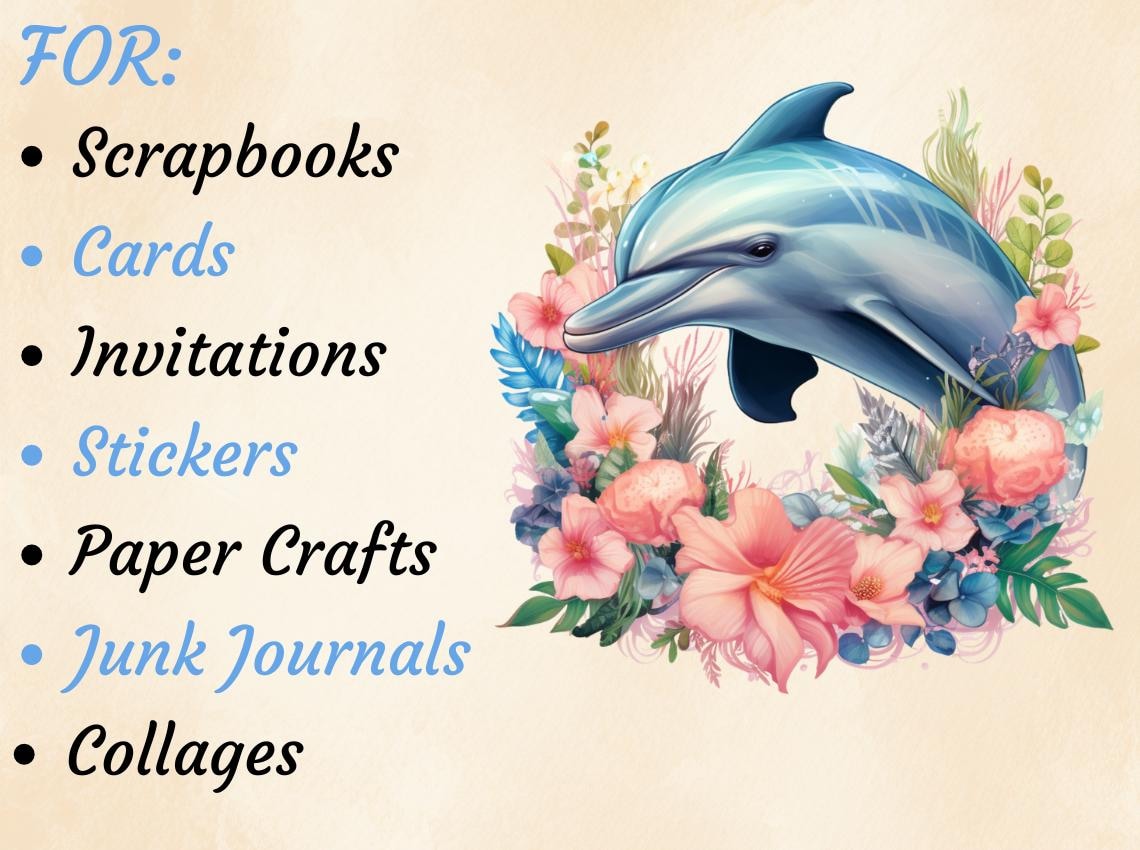 Watercolor Floral Dolphin Clipart: Summer Tropical PNG Bundle ...