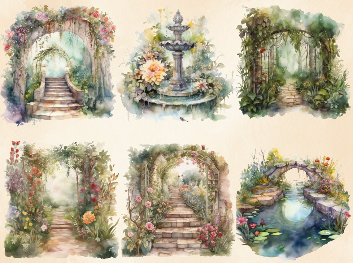Watercolor Secret Garden Clipart: Floral Gates PNG Bundle (digital ...