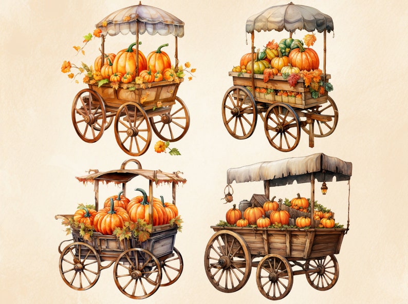 16 PNG Watercolor Pumpkin Cart Clipart, Pumpkin Wagon, Fall Wagons ...