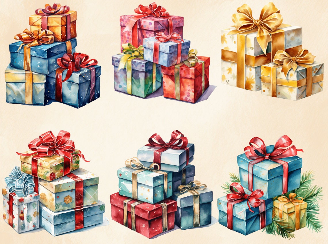 32 PNG Watercolor Christmas Presents Clipart, Cute Gift Boxes ...