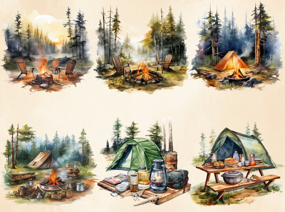 Watercolor Camping Clipart: Tent, Campfire, Canoe (PNG Digital Bundle ...