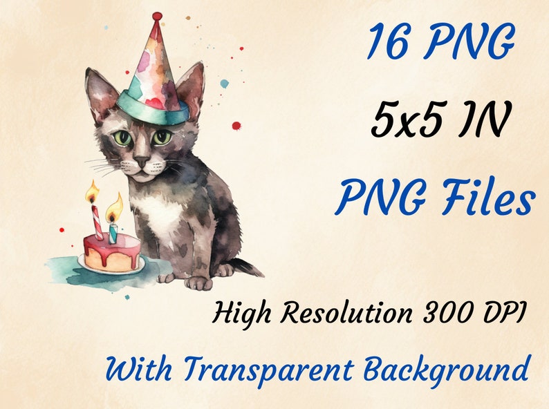 16 PNG Watercolor Birthday Cat Clipart, Funny Birthday Party Cat PNG ...