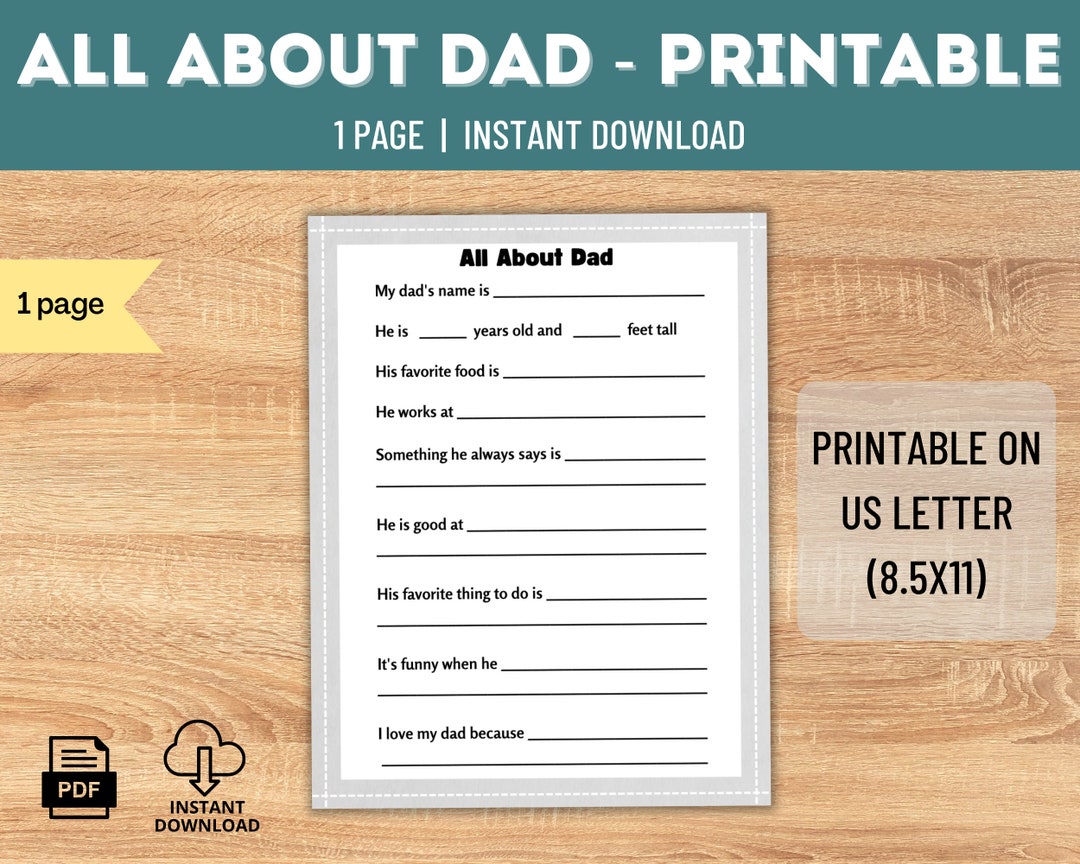 All About Dad Printable Activity, Questionaire About Dad, Printable ...