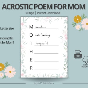 Acrostic Poem for Mom, Mother's Day Activity, Printable Activity Mom ...