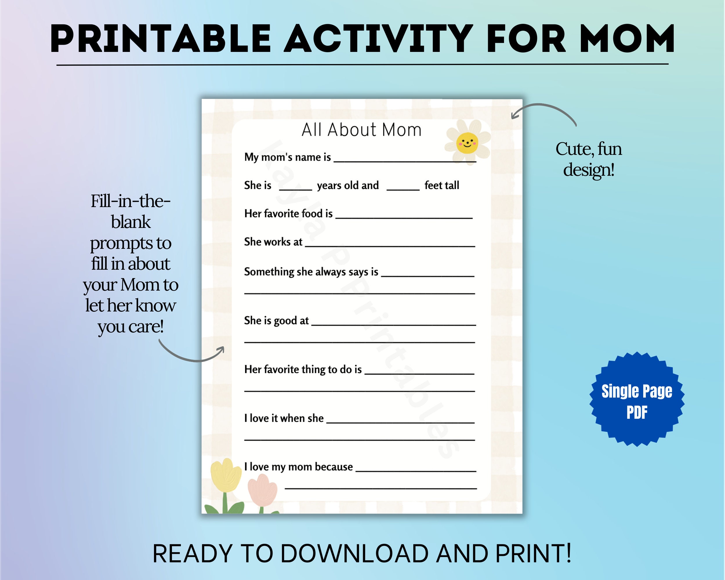 All About Mom, Mothers Day Printable, Printable Activity, Mothers Day ...
