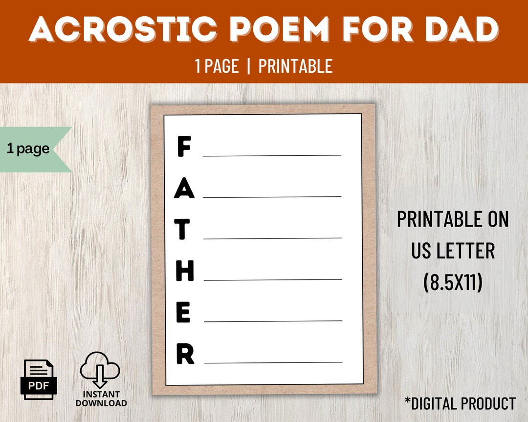 Poema acróstico para papá, Poema del Día del Padre, Regalo ...