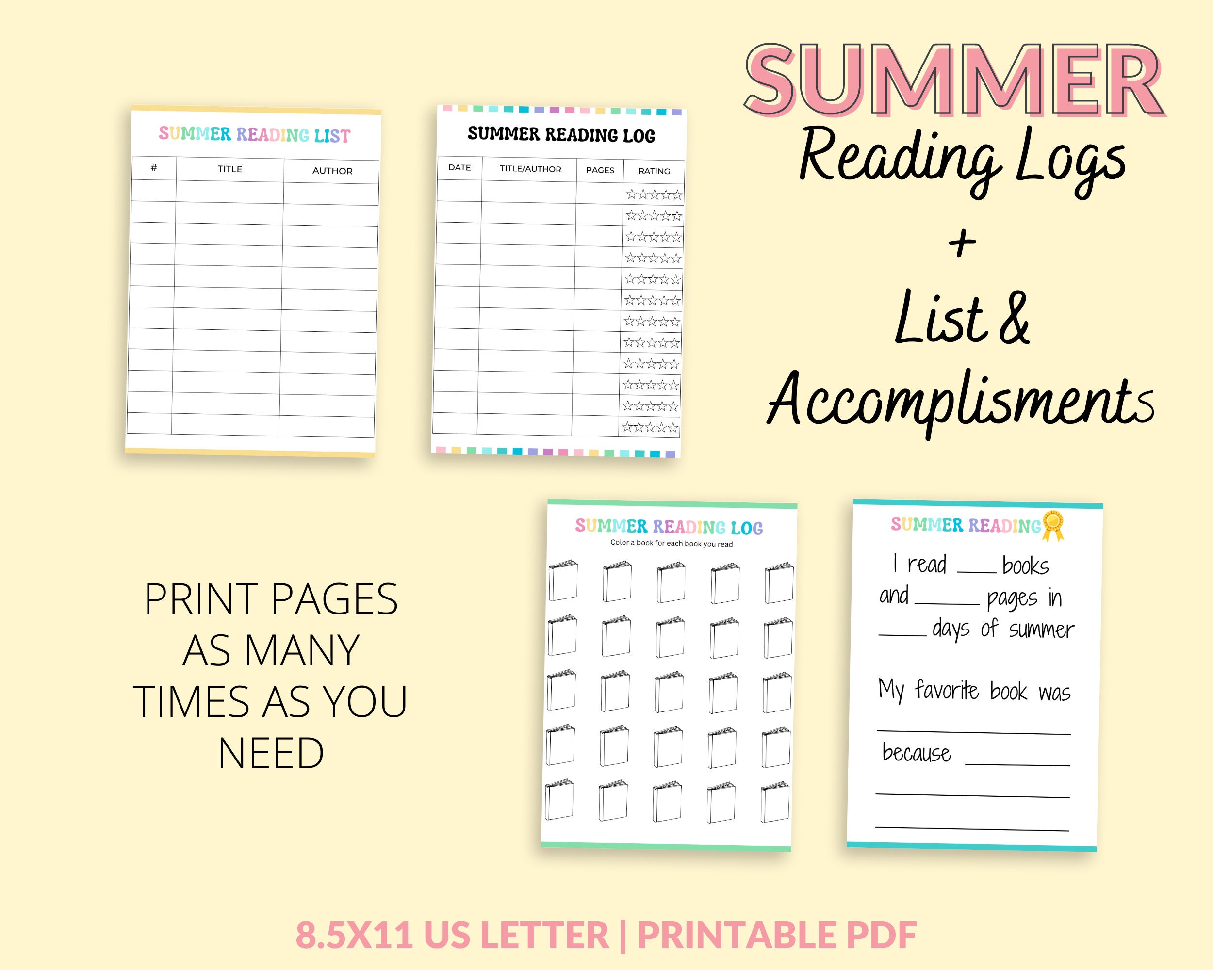 Printable Summer Reading Log for Kids, Colorful Book Log, Rainbow ...