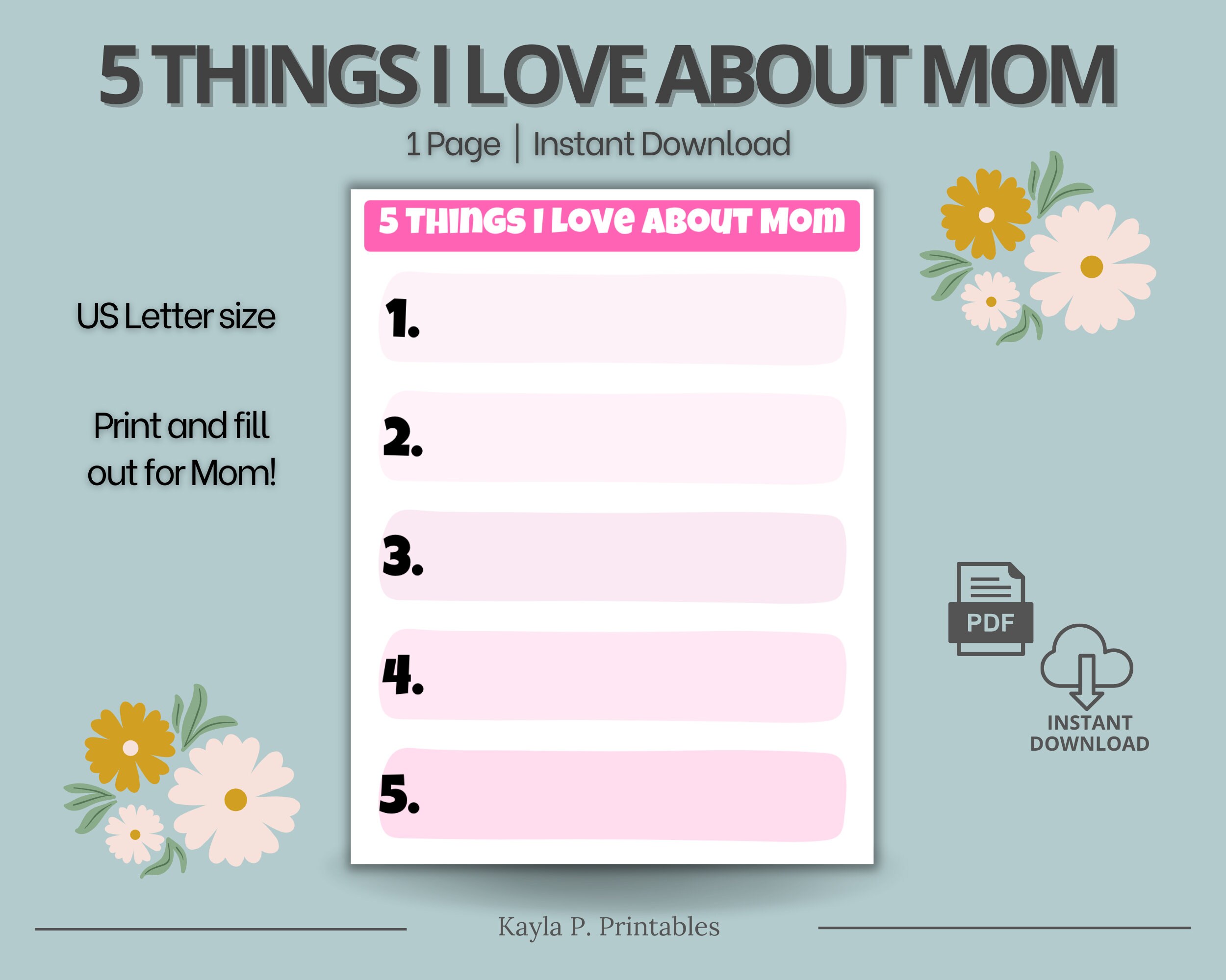 Mother's Day Printable, What I Love About Mom, Mom Printable Activity ...
