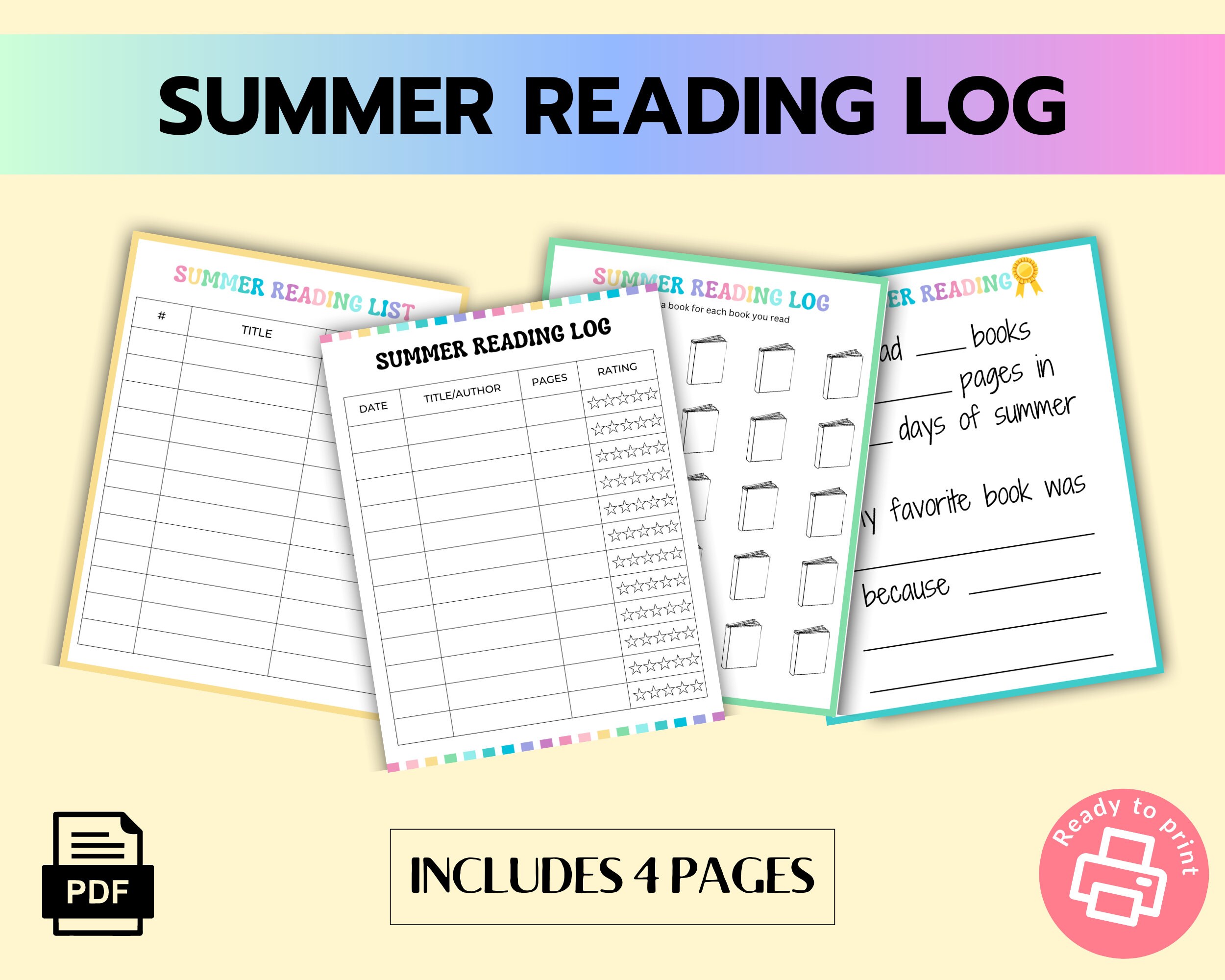 Printable Summer Reading Log for Kids, Colorful Book Log, Rainbow ...