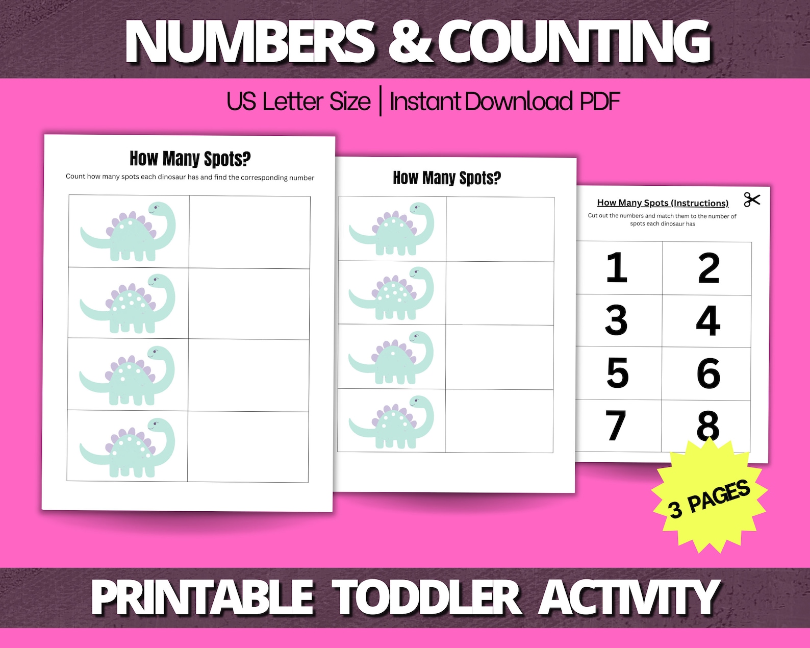 Numbers & Counting Dinosaurs, Busy Book Printable, Homeschool Worksheet ...