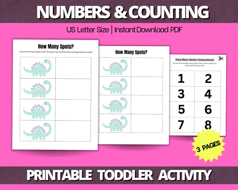 Numbers & Counting Dinosaurs, Busy Book Printable, Homeschool Worksheet ...