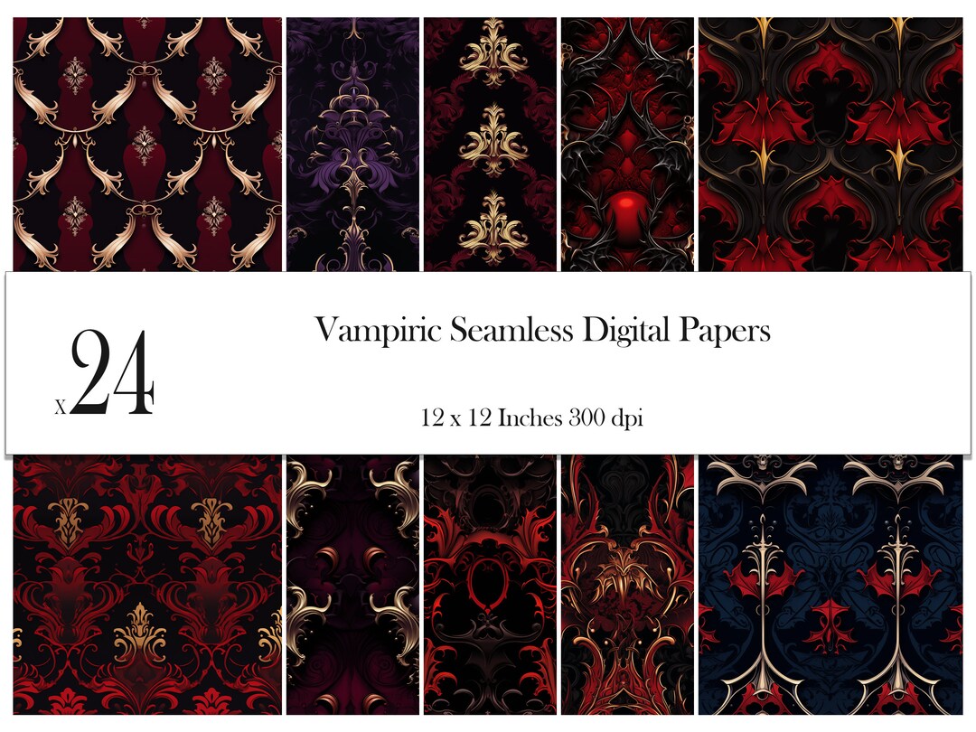 Vampire Themed Digital Papers Seamless Vampiric Red and Gold Pattern ...
