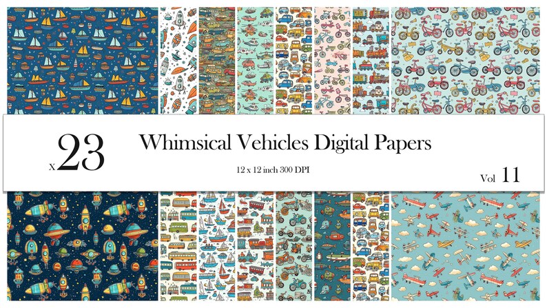 Whimsical Vehicle Drawings Digital Papers for Creative Projects ...