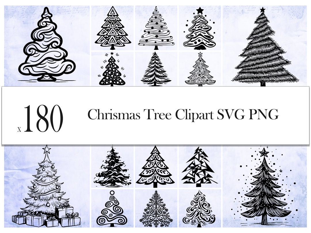 Christmas Tree Clipart Svg Png Bundle Monochrome Black Stylize Cartoony ...