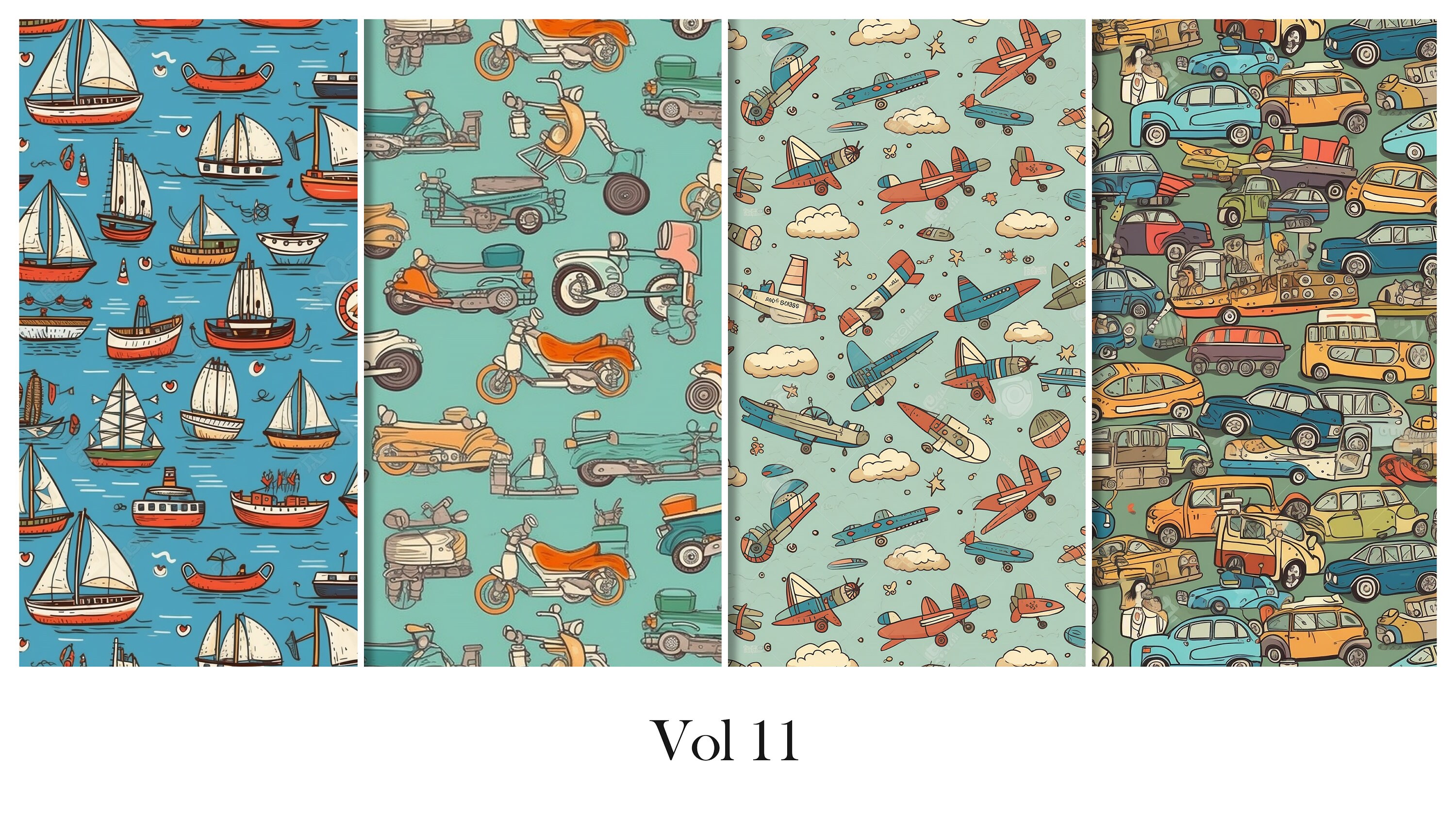 Whimsical Vehicle Drawings Digital Papers for Creative Projects ...