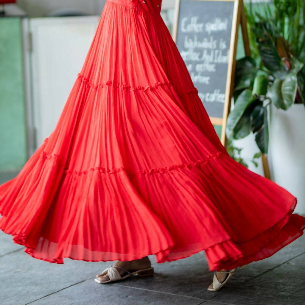 Pure Red Chinon Multilayered Frock With Zardozi Hand Embroidery Frock ...