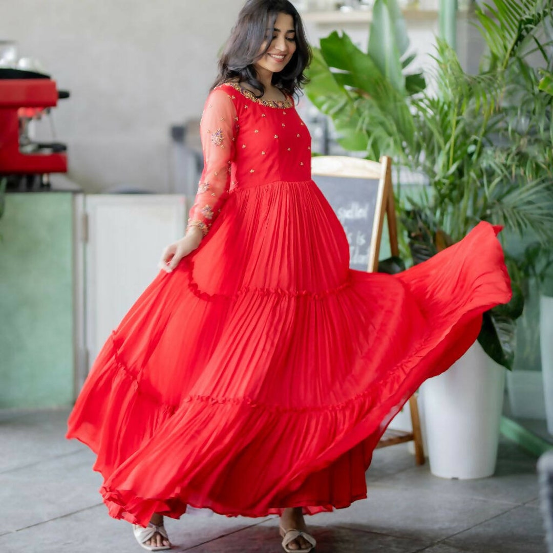 Pure Red Chinon Multilayered Frock With Zardozi Hand Embroidery Frock ...