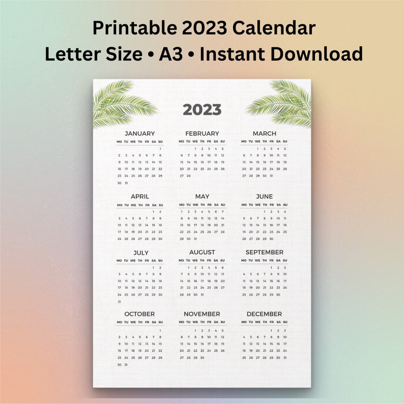 2023 Full Year Calendar Digital Download PDF Letter A3 - Etsy