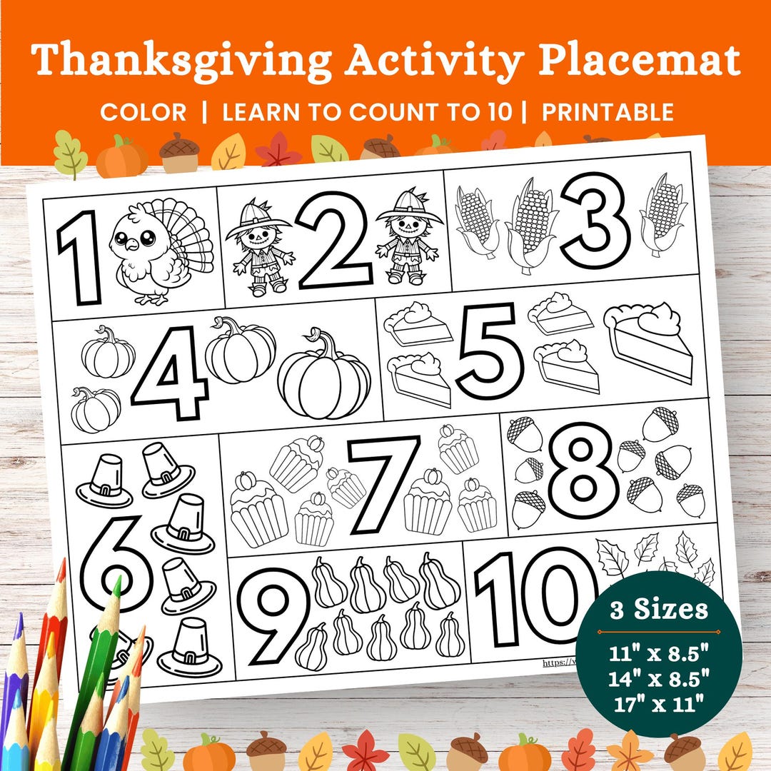 Thanksgiving Kids Coloring Placemat: Learn to Count Activity, Prek ...