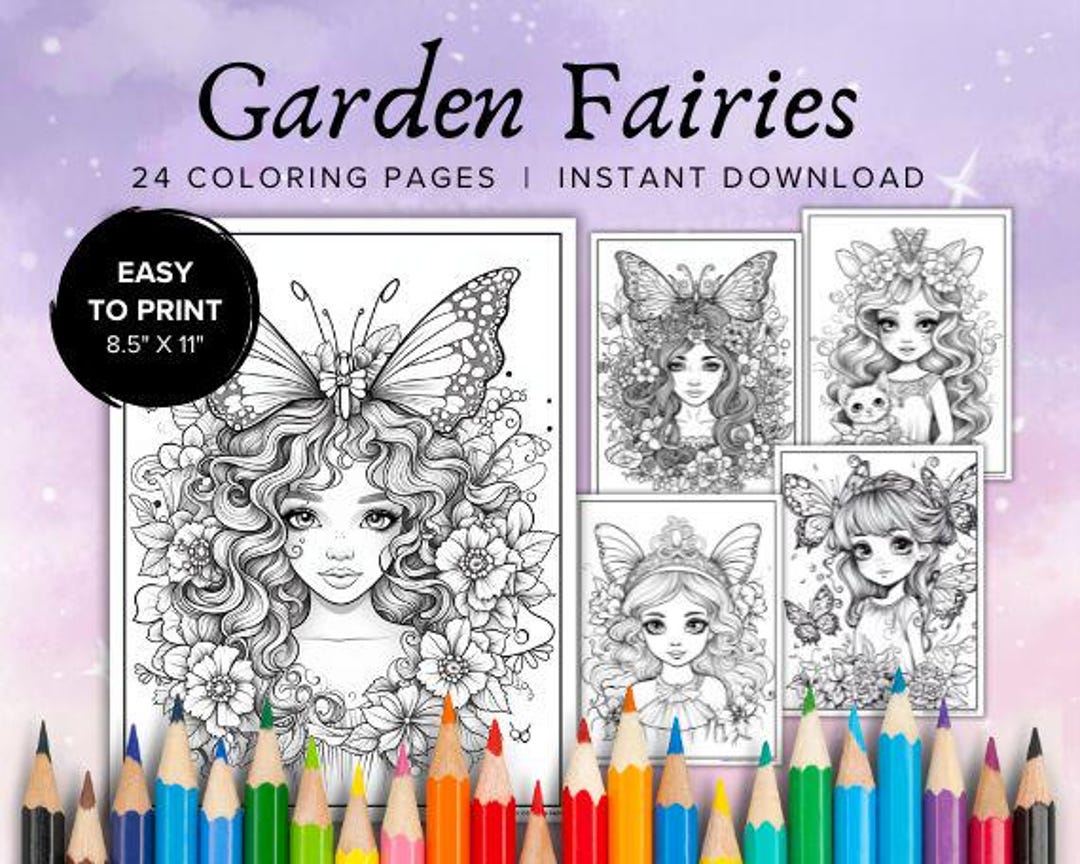Garden Fairy Coloring Pages: Forest Animals, Flowers (digital Download ...