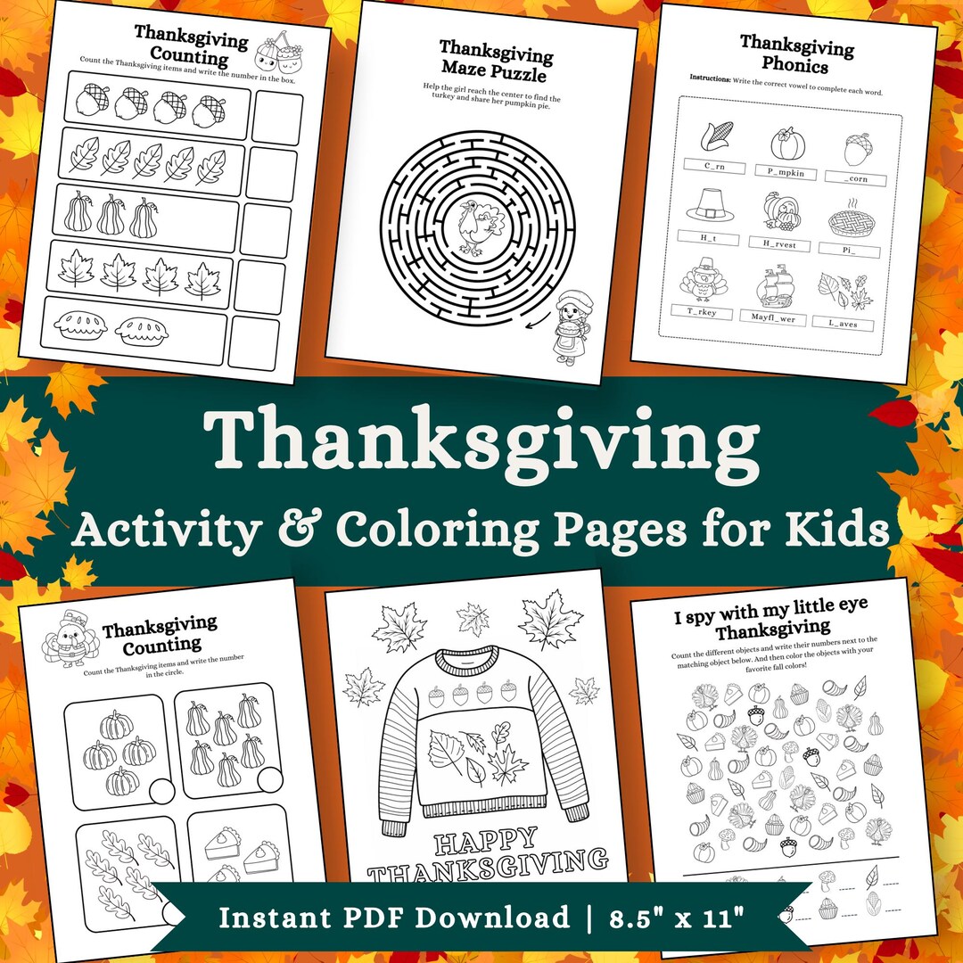 Thanksgiving Activities, Games & Coloring Book for Kids, Printable ...