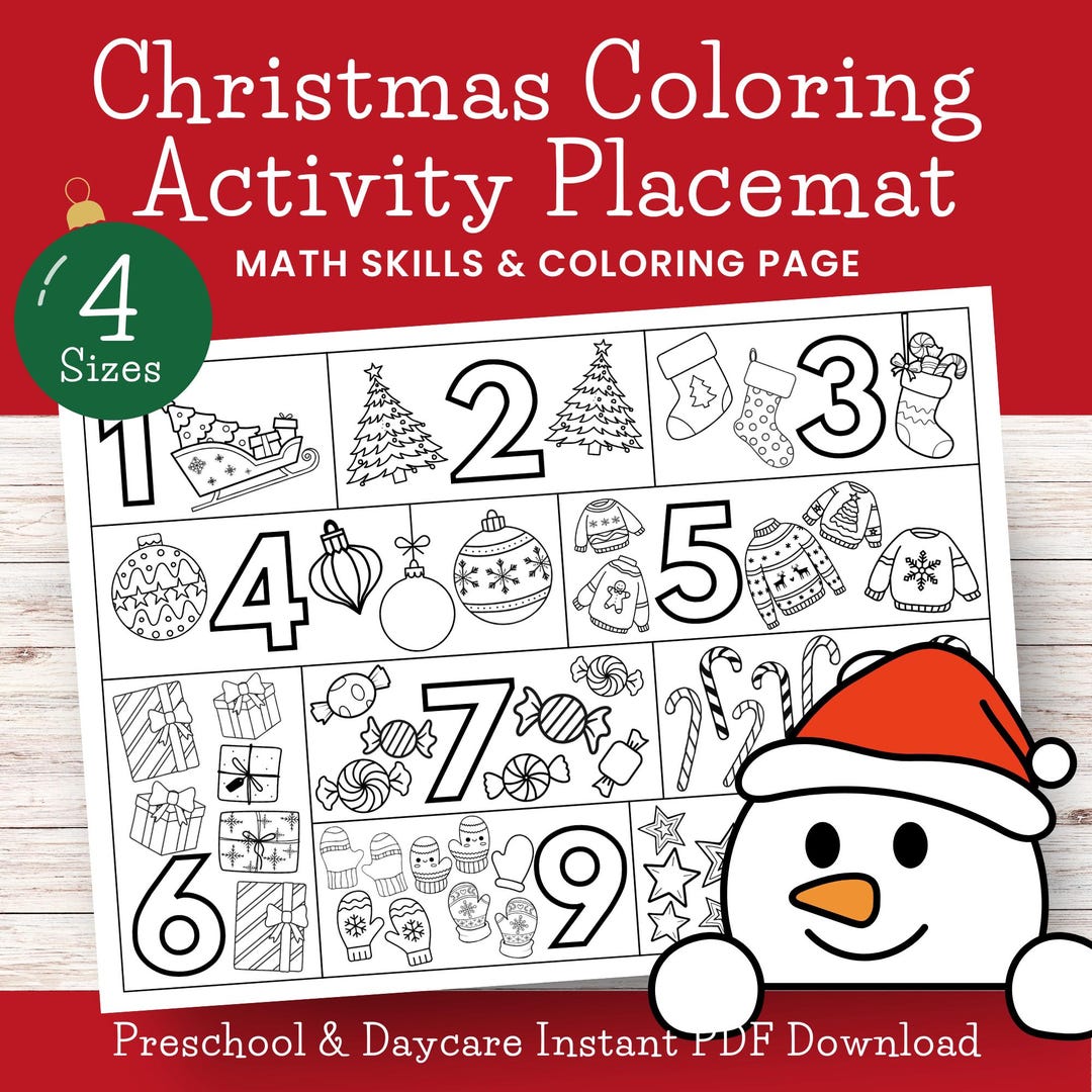 Christmas Coloring Placemat: Math Activity Worksheet, Learn to Count ...