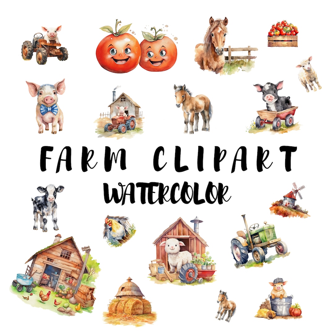 Cute Farm Watercolor Clipart Bundle, Farm Animals, Transparent Pngs ...
